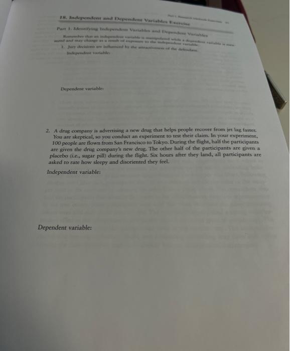 Solved 18. Independent and Dependent Variables Exercise Part | Chegg.com