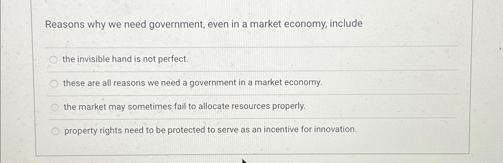 Solved Reasons why we need government, even in a market | Chegg.com