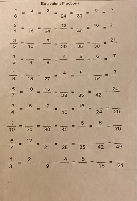 Solved Equivalent Fractions 2 - 3 24 30 7 6 II = Il II 6 12 | Chegg.com