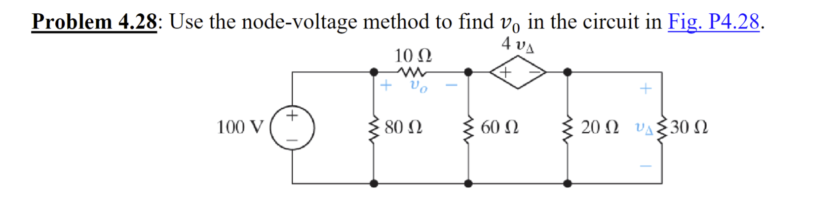 Solved Problem 4.28: Use the node-voltage method to find v0 | Chegg.com