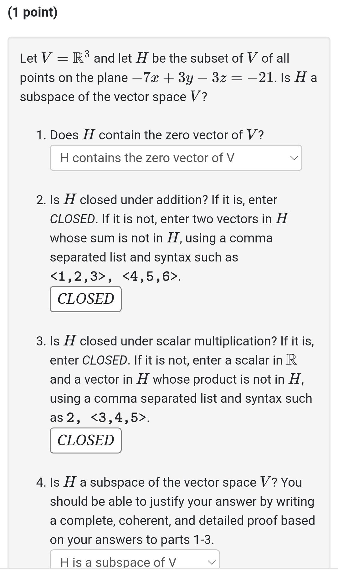 Solved Let V=R3 and let H be the subset of V of all points | Chegg.com