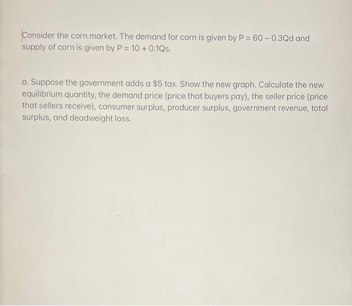 Solved Consider the corn market. The demand for corn is | Chegg.com