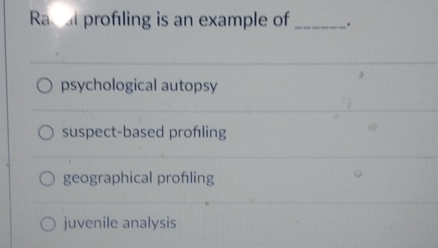 Solved Ra ﻿il profiling is an example ofpsychological | Chegg.com