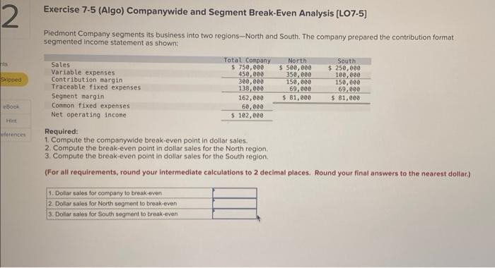 Solved Exercise 7-5 (Algo) Companywide and Segment | Chegg.com