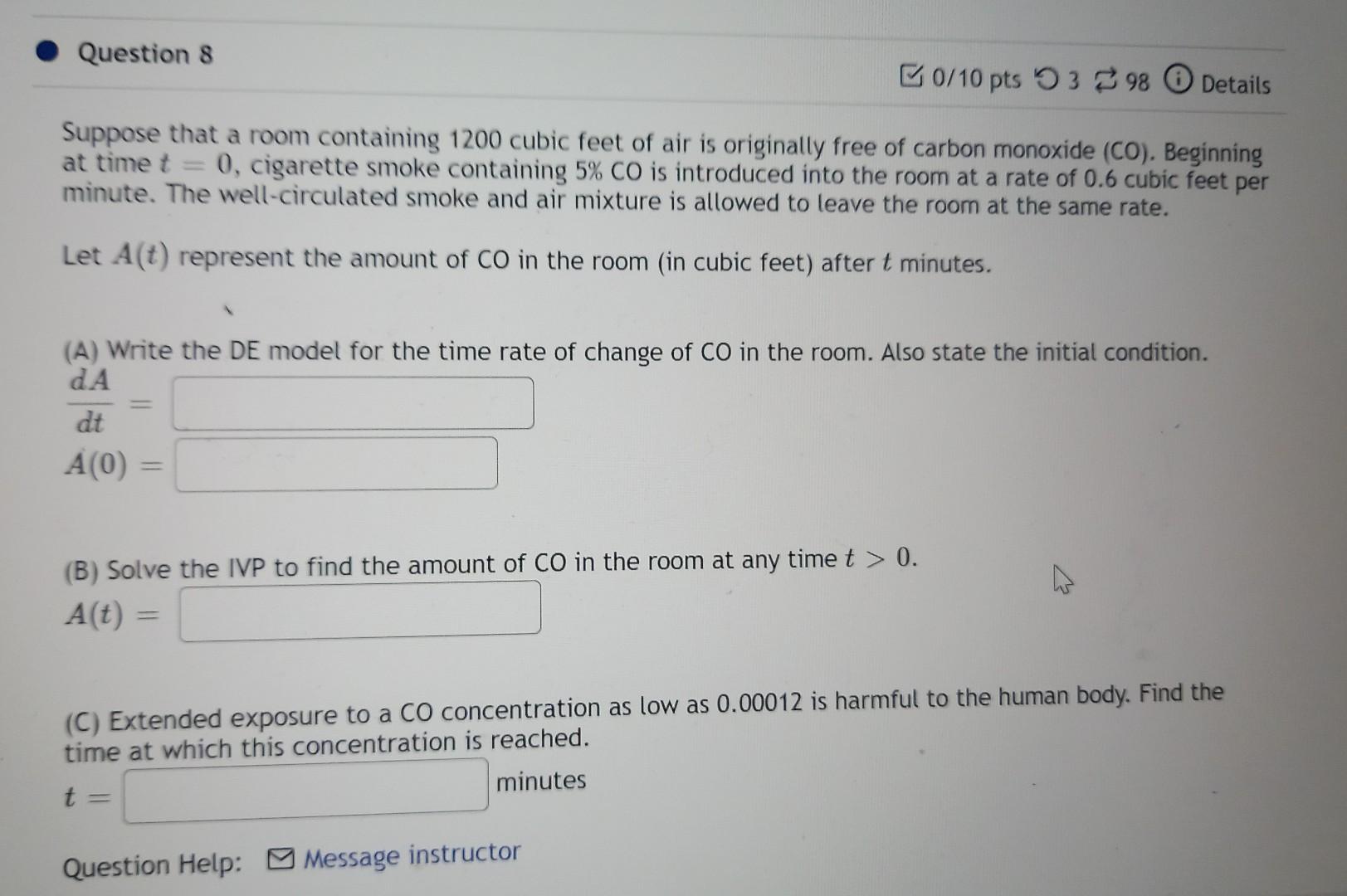 Solved Suppose that a room containing 1200 cubic feet of air | Chegg.com