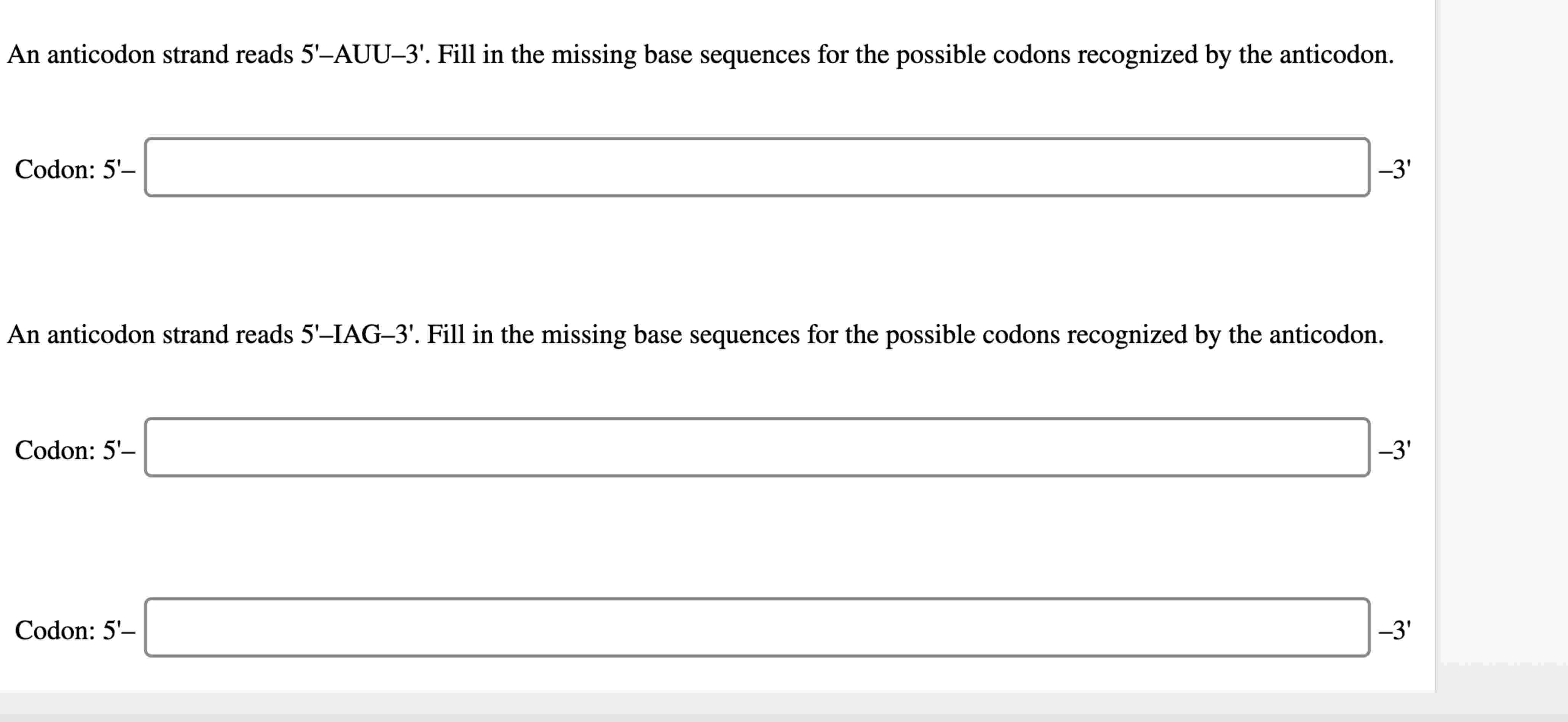 Solved An anticodon strand reads 5'-AUU-3'. ﻿Fill in the | Chegg.com