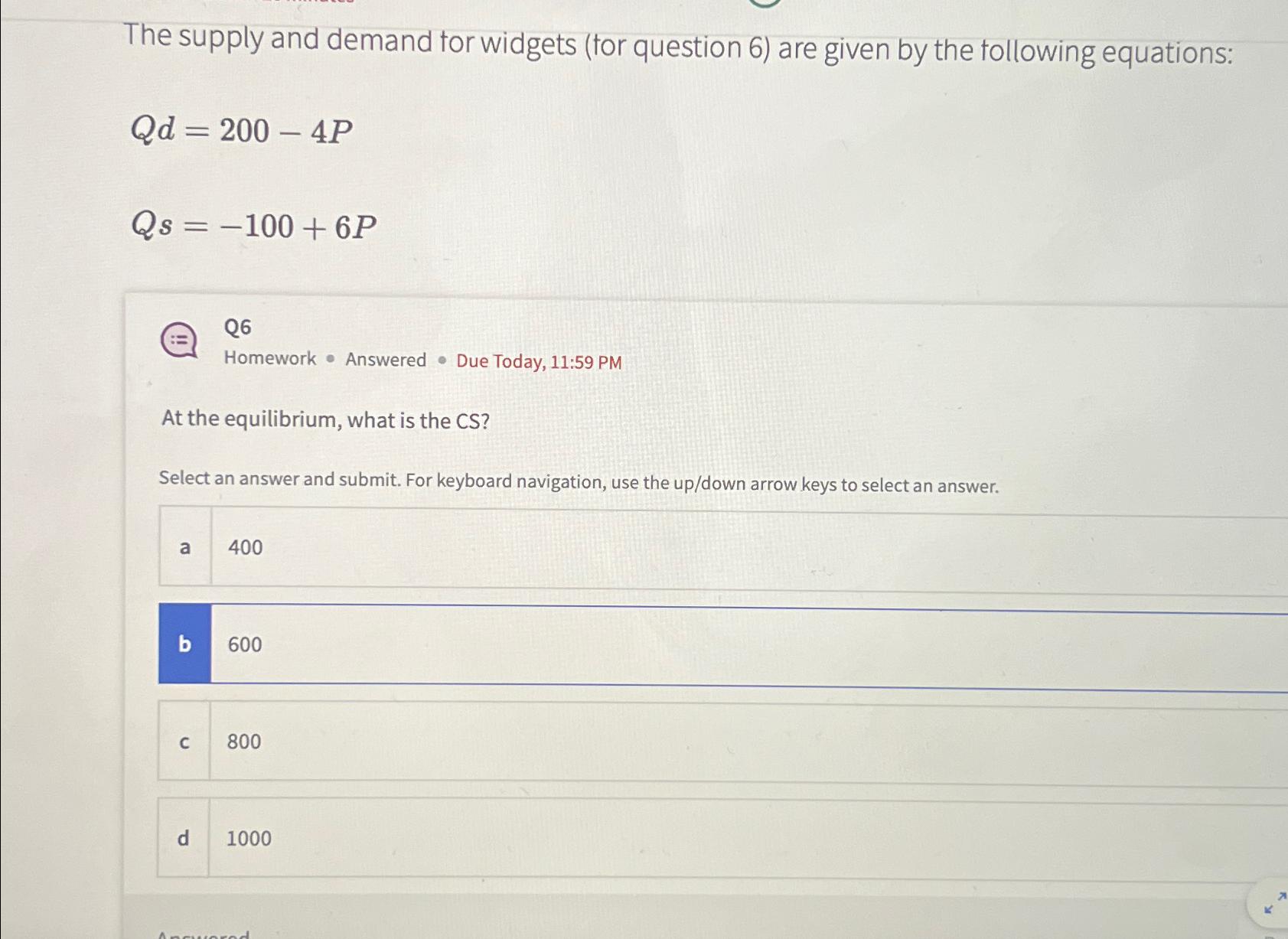 Solved The supply and demand tor widgets (tor question 6) | Chegg.com