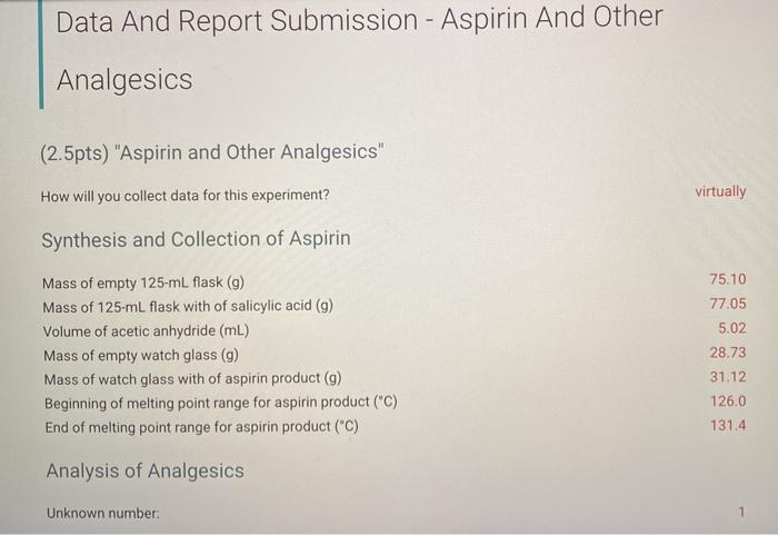 Solved Data And Report Submission - Aspirin And Other | Chegg.com