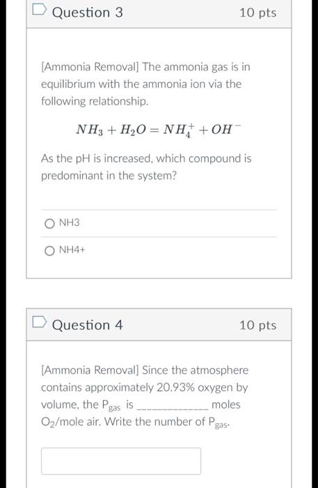 Solved [Ammonia Removal] The ammonia gas is in equilibrium | Chegg.com