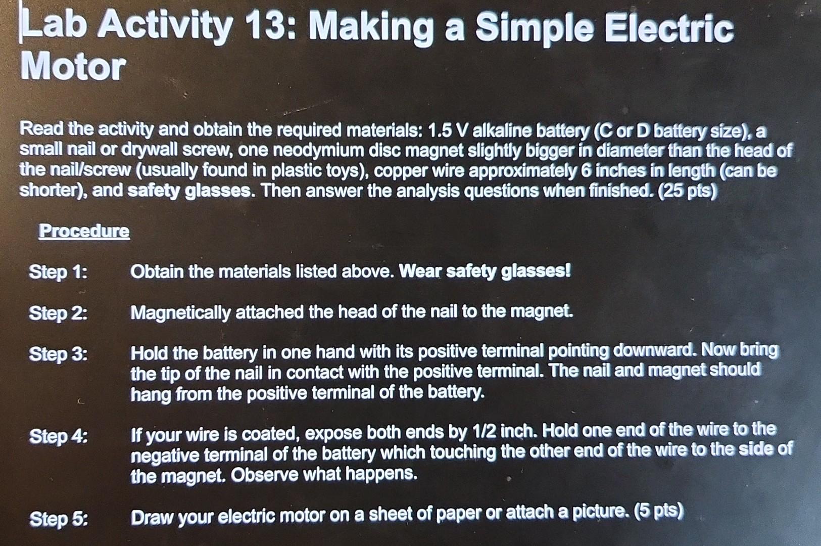 Solved Lab Activity 13: Making a Simple Electric Motor Read | Chegg.com