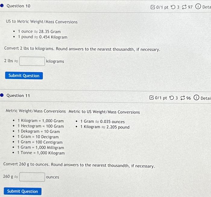 Solved US to Metric Weight/Mass Conversions - 1 ounce ≈28.35 | Chegg.com