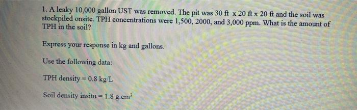 Solved 1. A leaky 10,000 gallon UST was removed. The pit was | Chegg.com