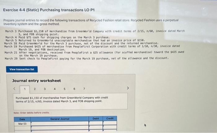Solved Exercise 4-4 (Static) Purchasing transactions LO P1 | Chegg.com