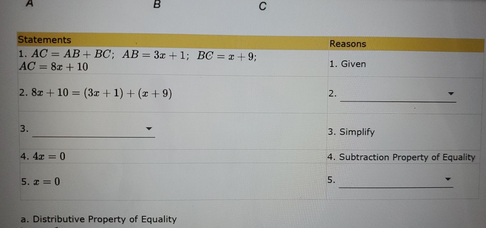 Solved 8. Complete the formal algebraic proof. Given: AC = | Chegg.com Solved 8. Complete the formal algebraic proof. Given: AC = | Chegg.com