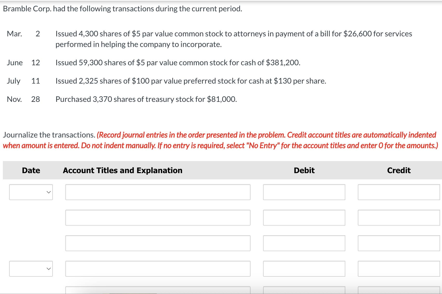 Solved Bramble Corp. had the following transactions during | Chegg.com