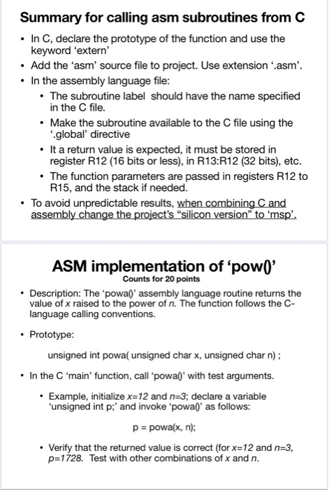 Summary for calling asm subroutines from C • In C, | Chegg.com