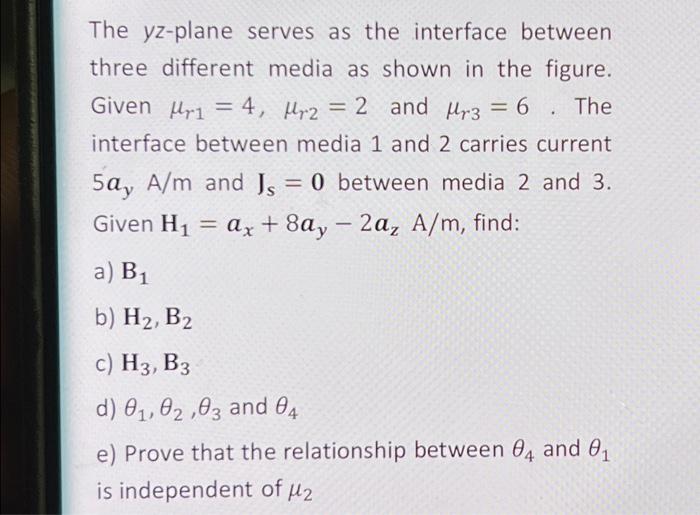 Solved The yz-plane serves as the interface between three | Chegg.com