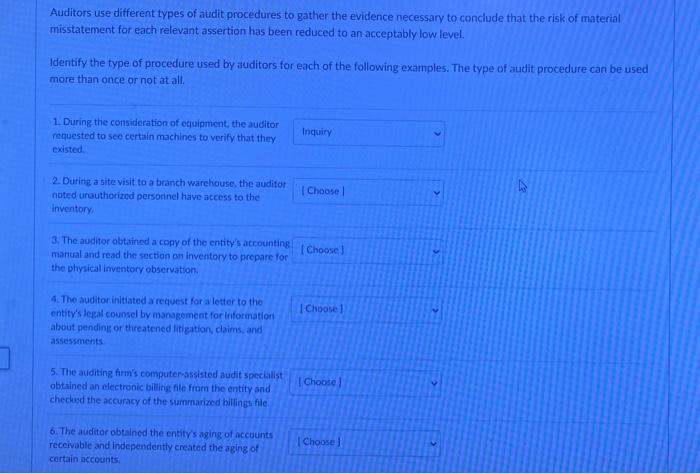 Solved Auditors use different types of audit procedures to | Chegg.com