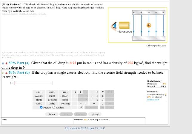 Solved (20\%) Problem 2: The classic Millikan od drop | Chegg.com