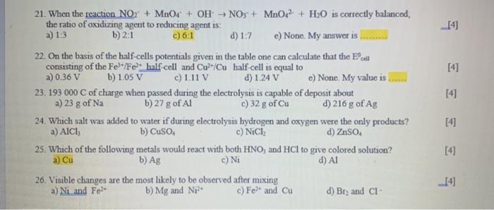 Solved 14 141 [4] 21. When the reaction NO2 + MnO4 + OH NO; | Chegg.com