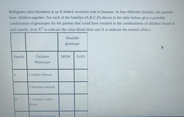 Solved Red-green color blindness is an x-linked recessive | Chegg.com