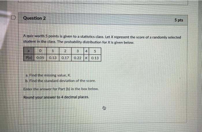 Solved A quiz worth 5 points is given to a statistics class. | Chegg.com
