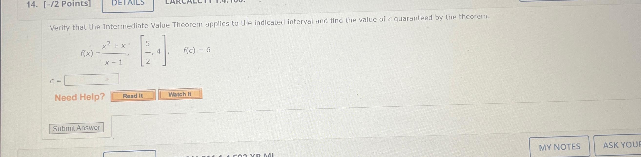 Solved [-/2 ﻿Points]Verify that the Intermediate Value | Chegg.com