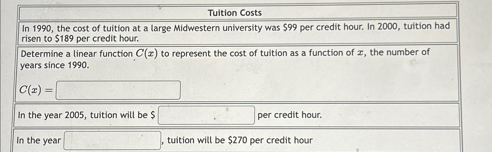 Solved Tuition CostsIn 1990 , ﻿the cost of tuition at a | Chegg.com