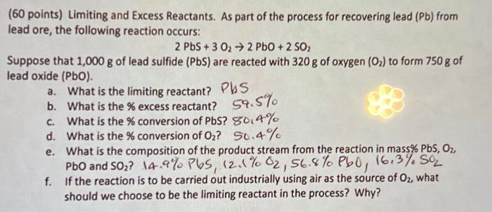 Solved ( 60 points) Limiting and Excess Reactants. As part | Chegg.com