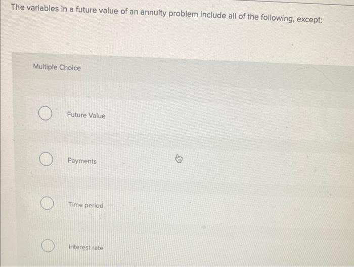 Solved The variables in a future value of an annuity problem | Chegg.com