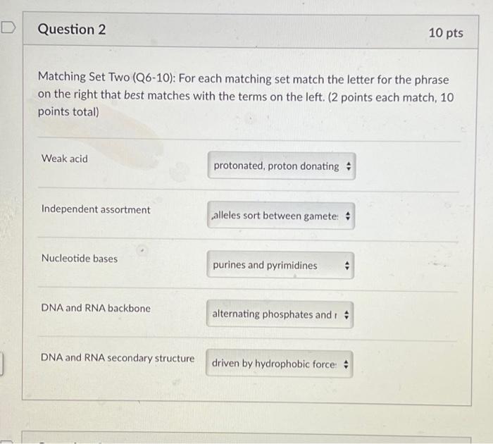 Solved Matching Set Two (Q6-10): For each matching set match | Chegg.com