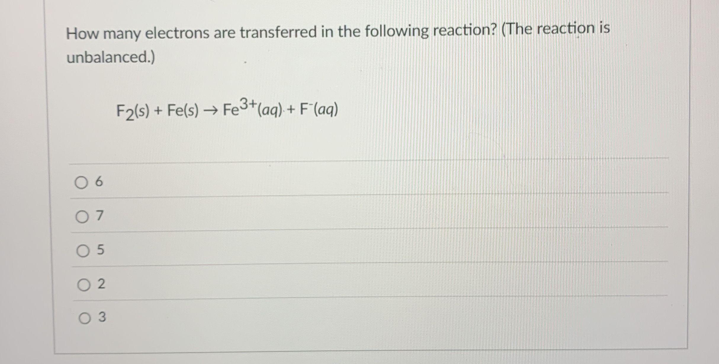 Solved How many electrons are transferred in the following | Chegg.com
