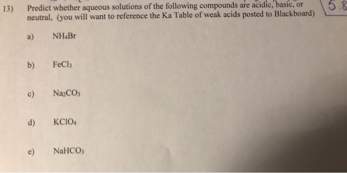 Solved 13) Predict whether aqueous solutions of the | Chegg.com