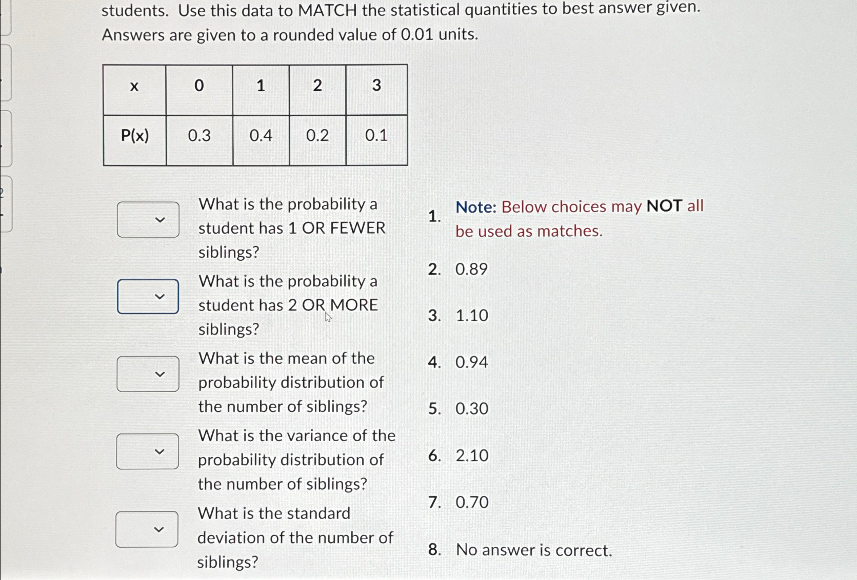 Solved students. Use this data to MATCH the statistical | Chegg.com