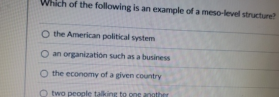 Solved Which of the following is an example of a meso-level | Chegg.com