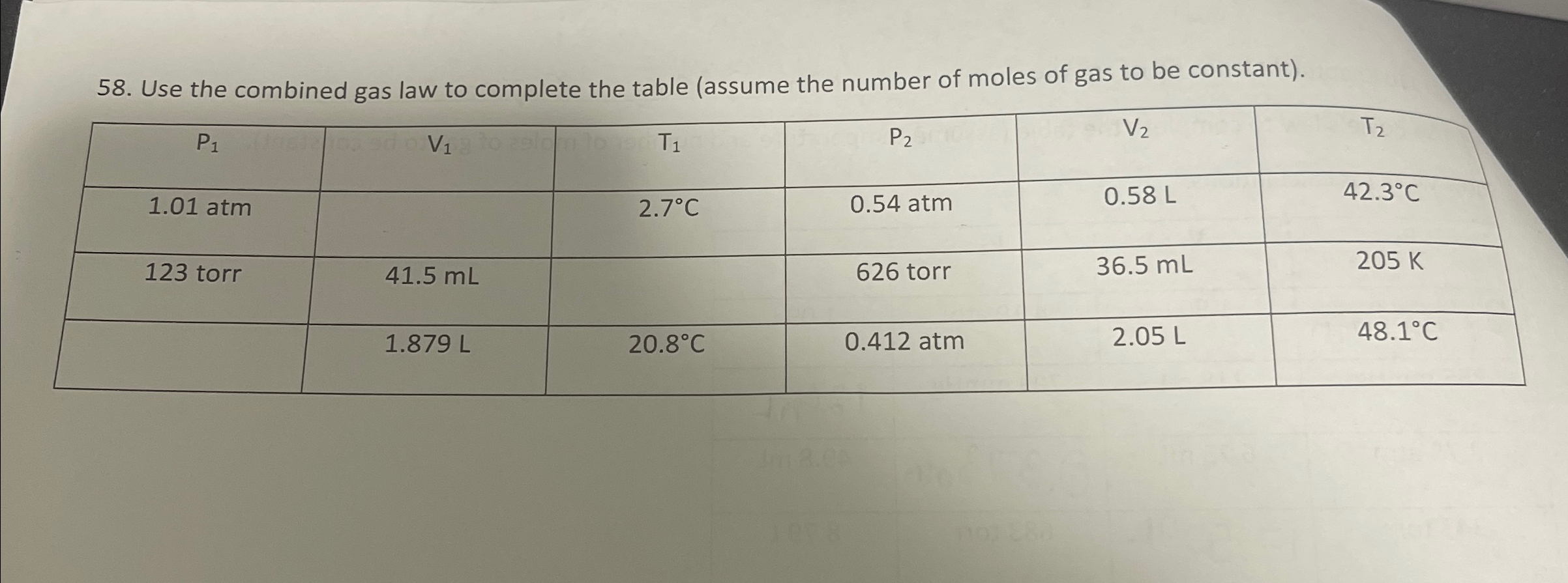 Use the combined gas law to complete the table | Chegg.com