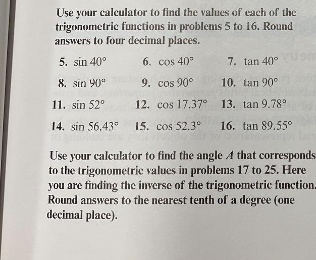 Solved Use your calculator to find the values of each of the | Chegg.com