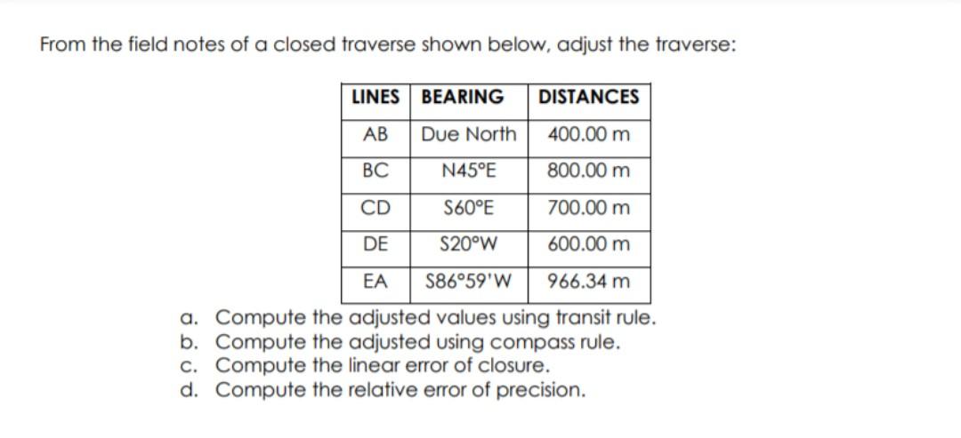 Solved From the field notes of a closed traverse shown | Chegg.com