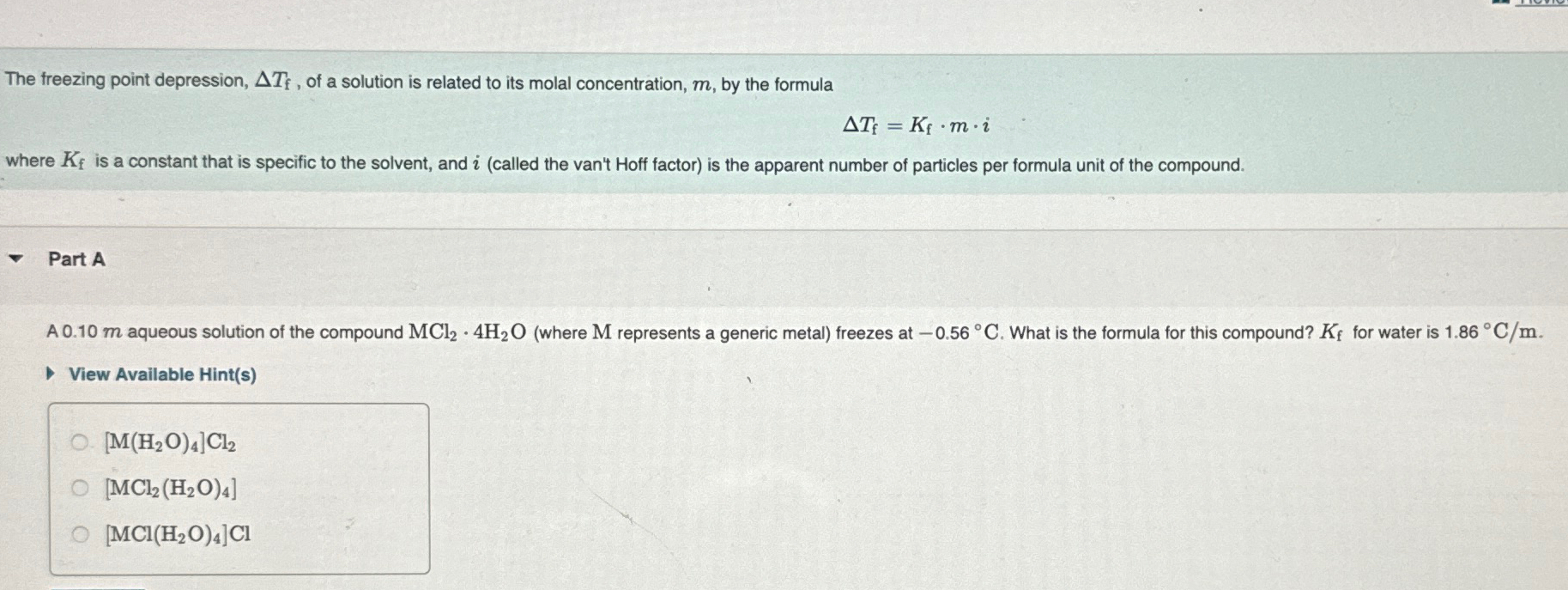 Solved The freezing point depression, ΔTf, ﻿of a solution is | Chegg.com