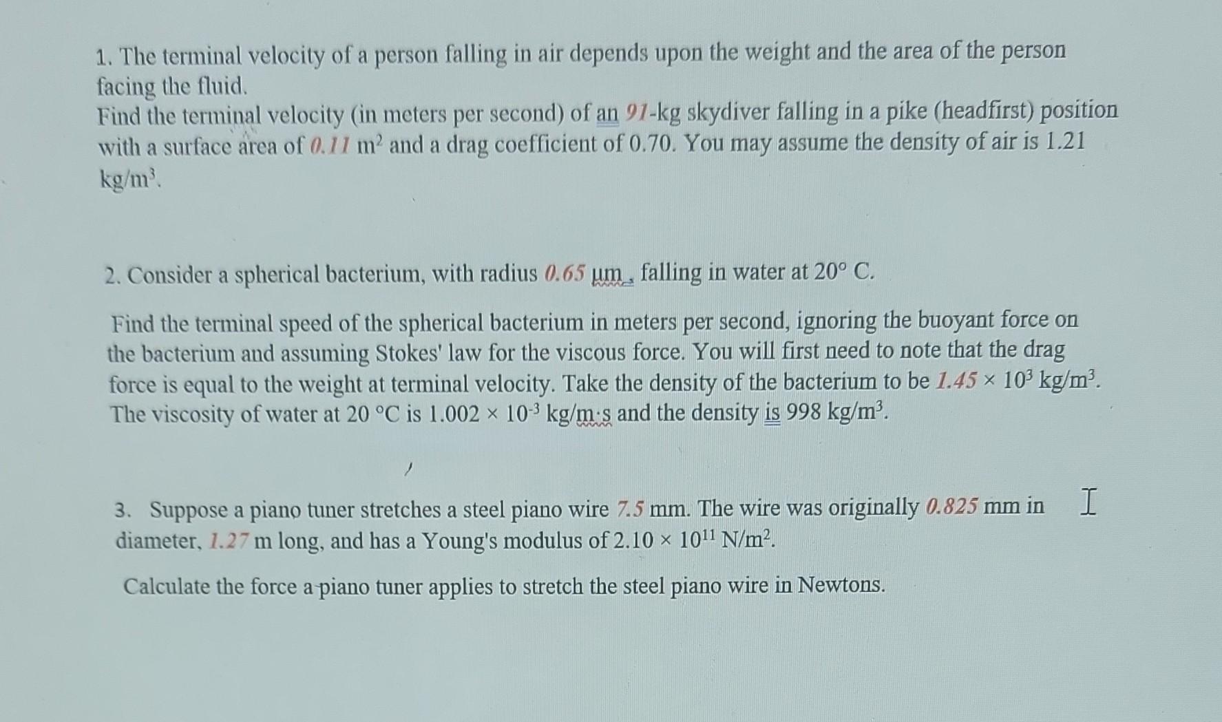 Solved 1. The terminal velocity of a person falling in air | Chegg.com