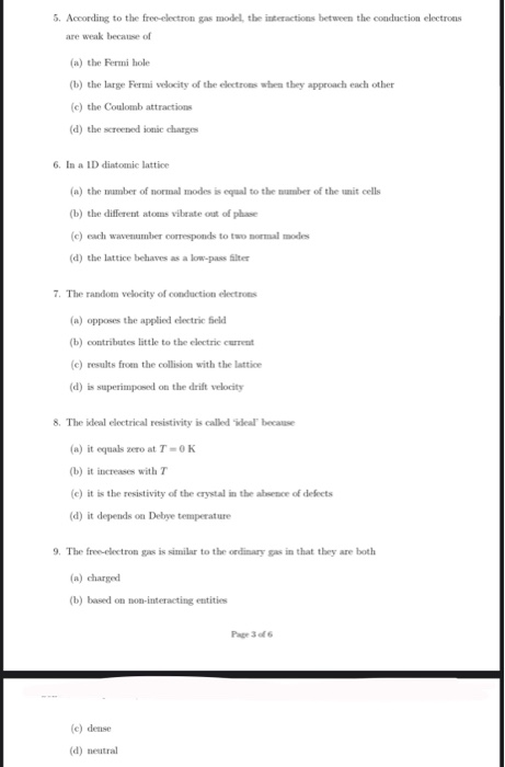 5. According to the free electron gas model, the | Chegg.com