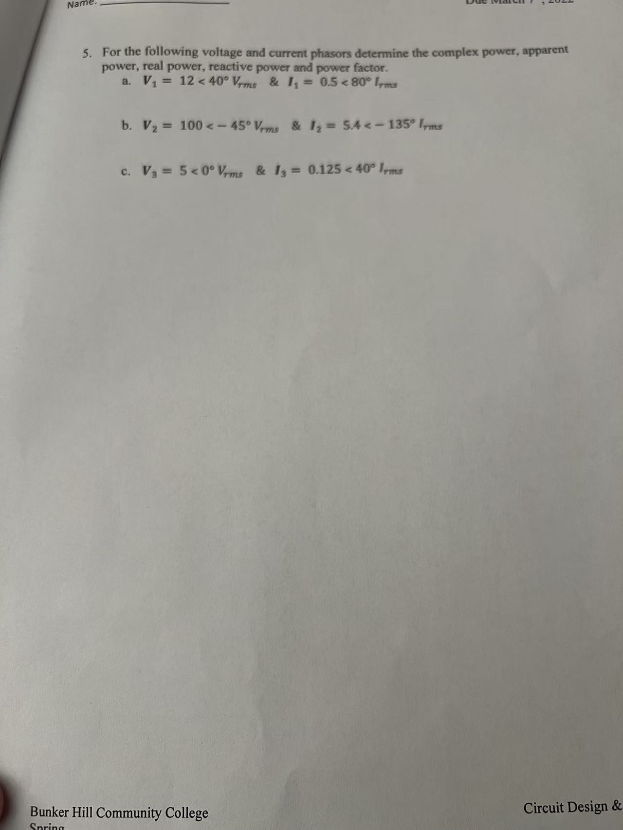 Solved For the following voltage and current phasors | Chegg.com