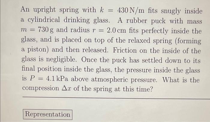 Solved An upright spring with k=430 N/m fits snugly inside a | Chegg.com