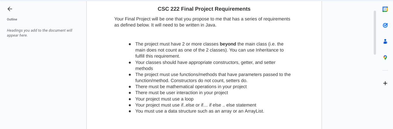 Solved CSC 222 ﻿Final Project RequirementsOutlineHeadings | Chegg.com