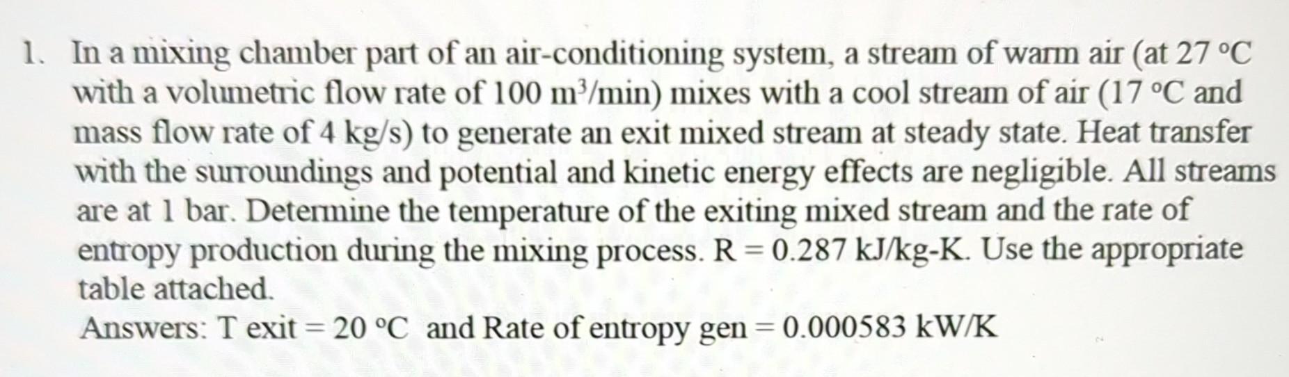 Solved 1. In a mixing chamber part of an air-conditioning | Chegg.com