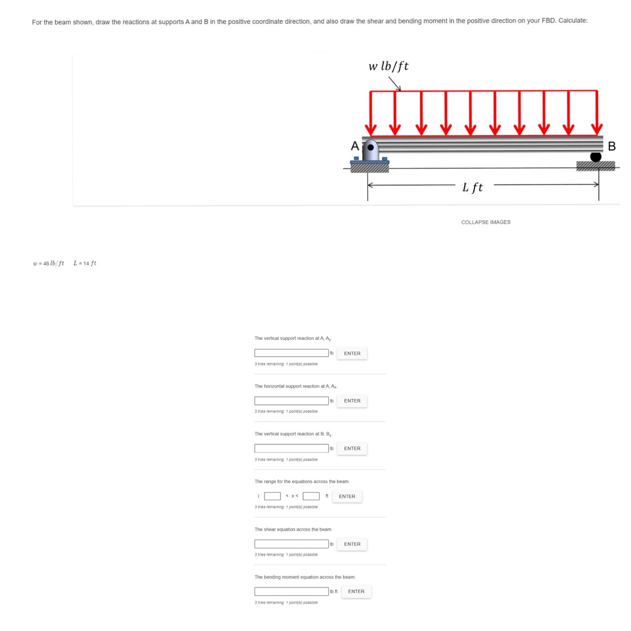 Solved COLLAPSE IMAGESw=48lbft,L=14ftThe vertical support | Chegg.com
