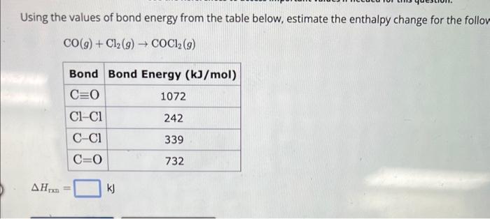 Solved Using the values of bond energy from the table below, | Chegg.com