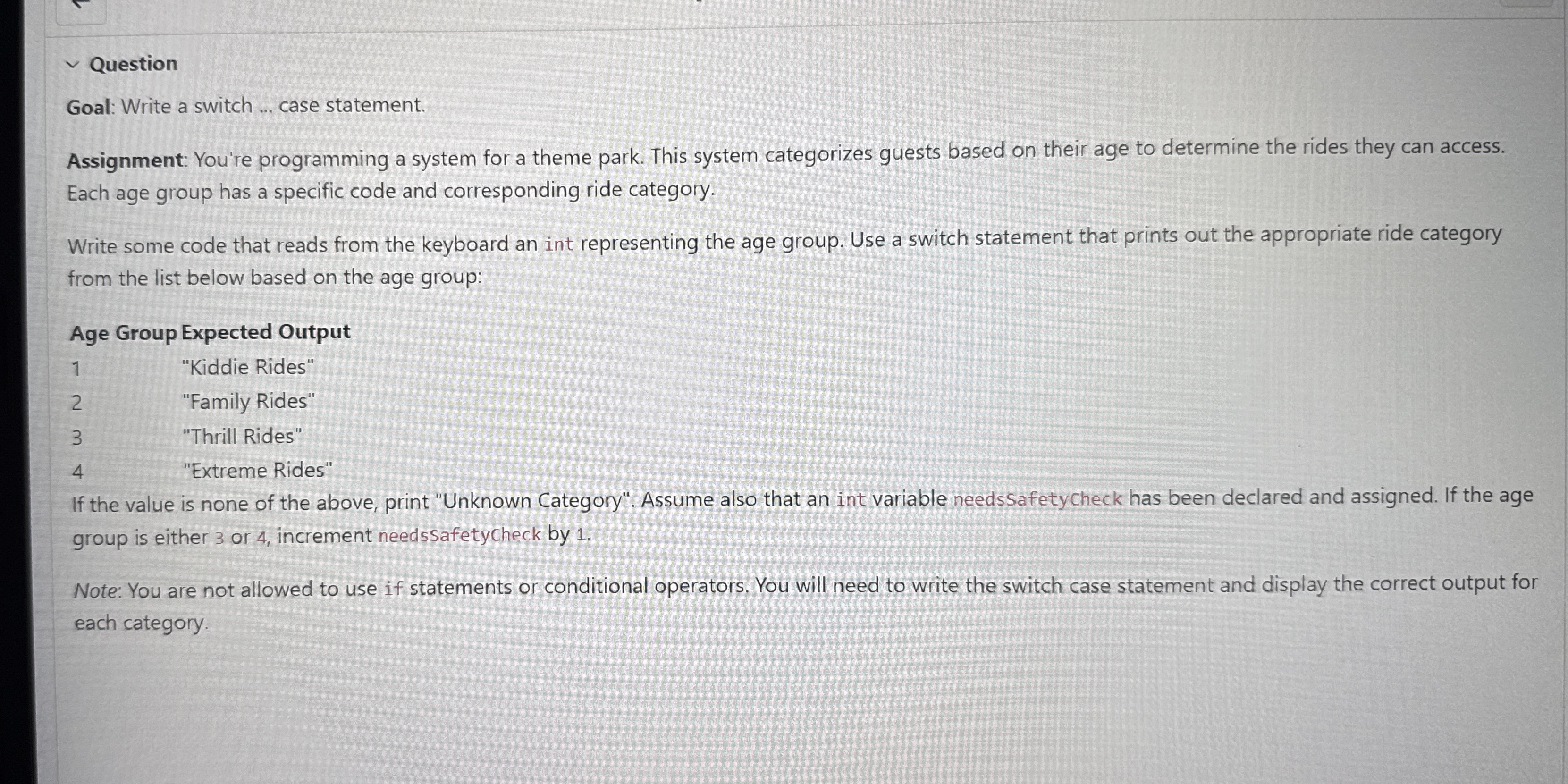Solved QuestionGoal: Write a switch ... ﻿case | Chegg.com