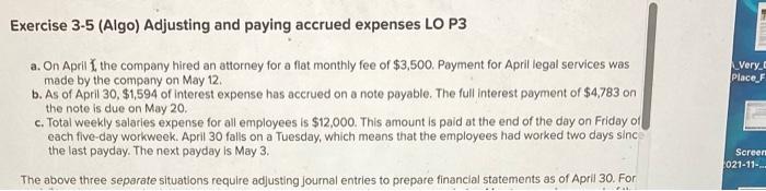 Solved Exercise 3-5 (Algo) Adjusting and paying accrued | Chegg.com