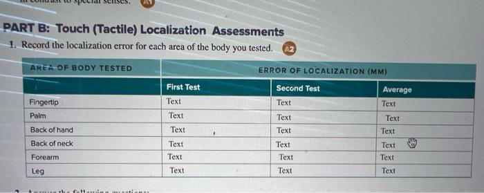 PART B: Touch (Tactile) Localization Assessments 1. | Chegg.com PART B: Touch (Tactile) Localization Assessments 1. | Chegg.com